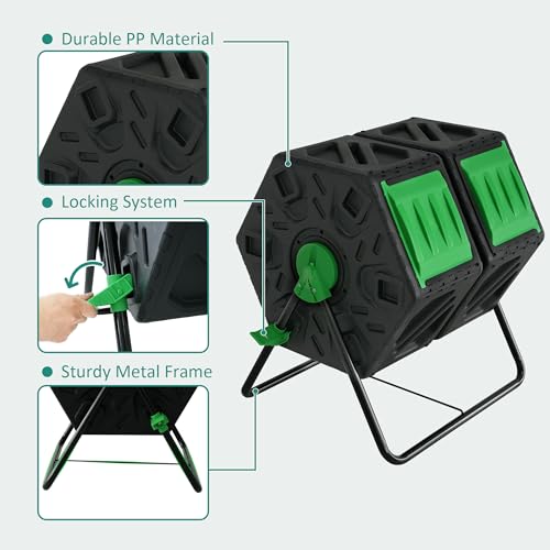 TRY & DO Outdoor Dual Chamber Compost Tumbler – Large Garden Tumbling Composter with 2 Sliding Doors and Lockable Brake - Rotating Compost Bin - 34.4 Gallon (2-17.2 Gal)