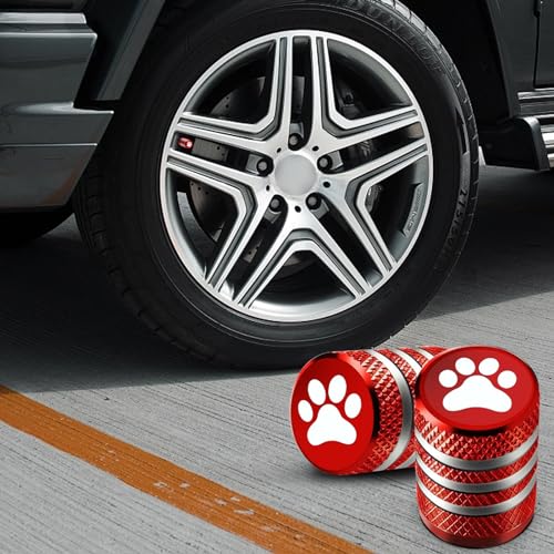 Crynod 5 PCS Car Valve Cap, 0.43" x 0.62" Cute Dog Paw Alloy Tubeless Screw-on Valve Cover, Suitable for Most Models (Red)