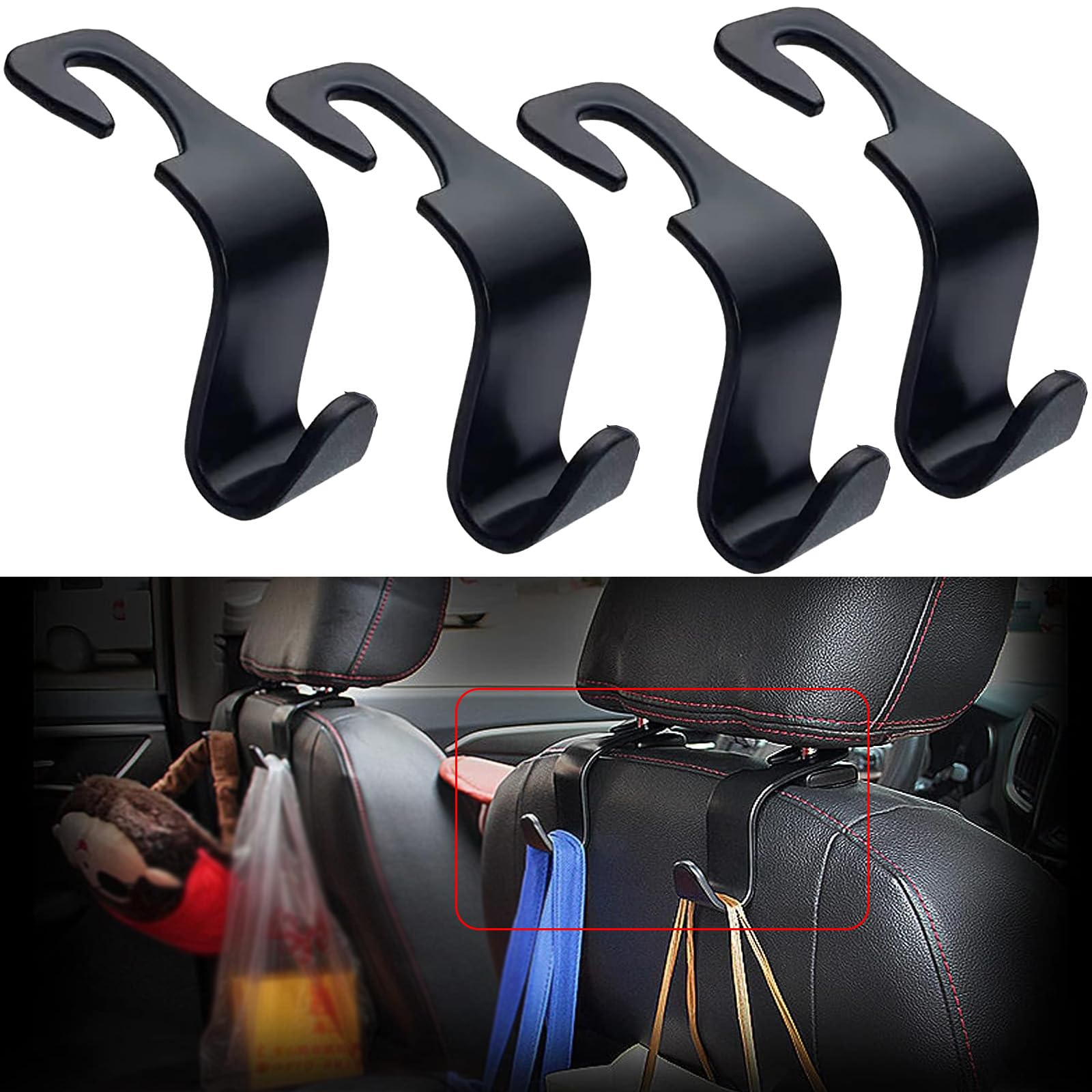 UGSHY 4 PCS Car Seat Headrest Hook, Hanging Hidden Hook to Increase Storage Space, Wallet Umbrella Handbag Rear Seat Organizer Super Load-Bearing S-Shaped Hook, Universal Accessory for Cars (Black)