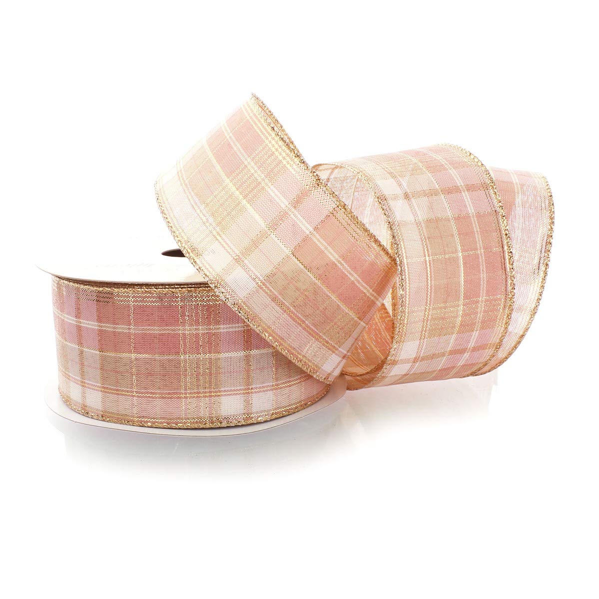 Ribbon Traditions 2 1/2" Wired Ribbon Rose Pink Metallic Gold Plaid - 10 Yards