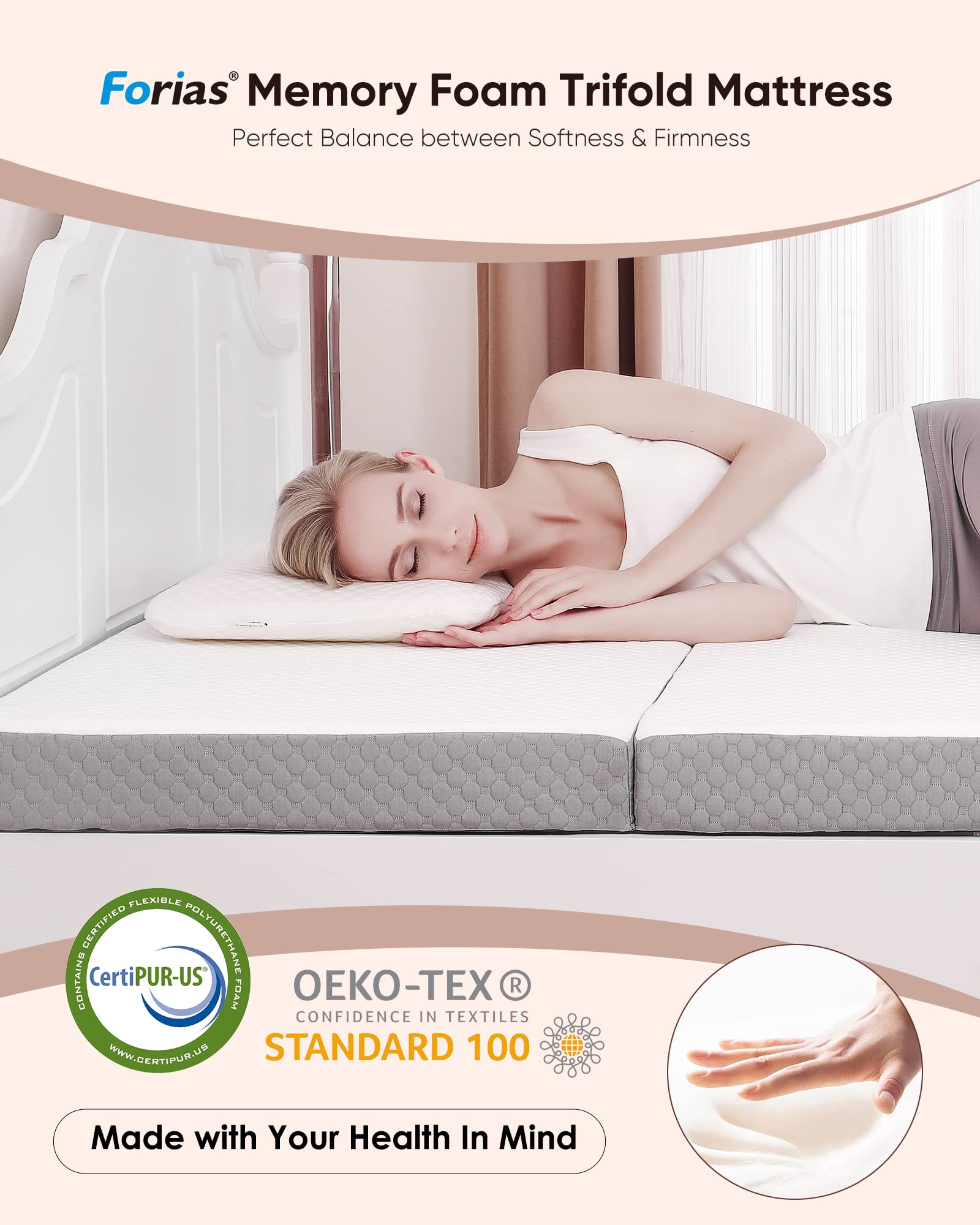 Forias Memory Foam Folding Mattress Full with Storage Bag, 4 Inch Tri-fold Mattress, Breathable Foldable Mattress Topper Portable Mattress for Floor Guest Bed Full Size 75" L x 54" W x 4" H