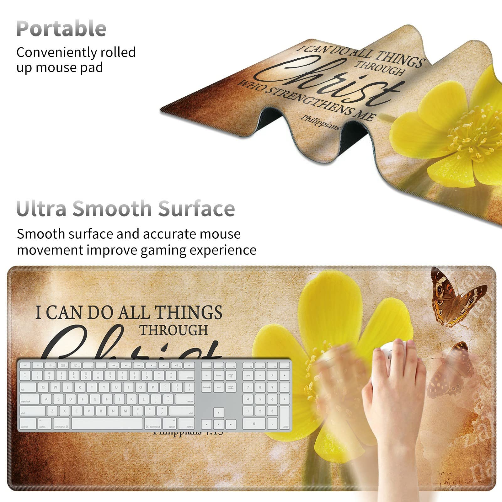 Desk Pad Mat + Wrist Rest Pad + Coasters Set, Durable Office Desk Mat 31.5"x 11.8", Large Gaming Mouse Pad Extended Non-Slip Rubber Base Keyboard Pad for Laptop & Home, Bible Verse Philippians 4:13