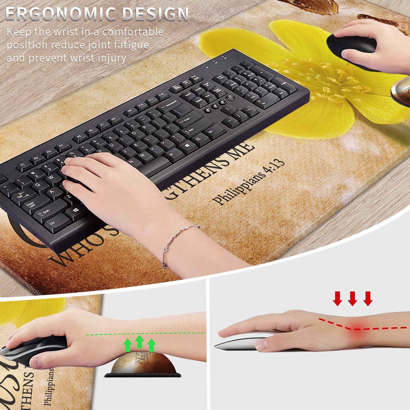 Desk Pad Mat + Wrist Rest Pad + Coasters Set, Durable Office Desk Mat 31.5"x 11.8", Large Gaming Mouse Pad Extended Non-Slip Rubber Base Keyboard Pad for Laptop & Home, Bible Verse Philippians 4:13
