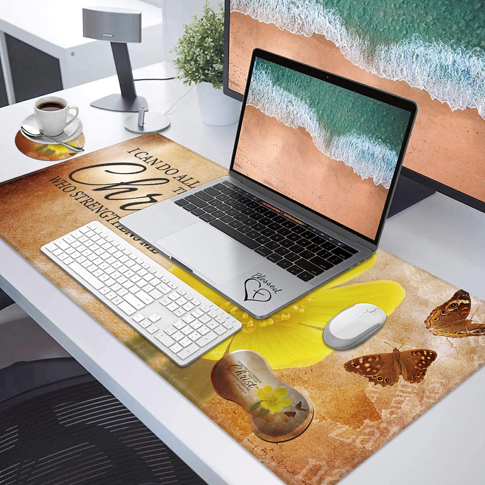 Desk Pad Mat + Wrist Rest Pad + Coasters Set, Durable Office Desk Mat 31.5"x 11.8", Large Gaming Mouse Pad Extended Non-Slip Rubber Base Keyboard Pad for Laptop & Home, Bible Verse Philippians 4:13