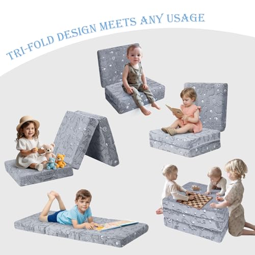 MeMoreCool Glow Dinosaur Foldable Floor Mattress for Kids, Trifold Nap Mat for Toddlers, Portable Daycare Sleeping Futon or Floor Bed, 57x22 Inch