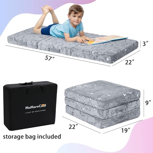 MeMoreCool Glow Dinosaur Foldable Floor Mattress for Kids, Trifold Nap Mat for Toddlers, Portable Daycare Sleeping Futon or Floor Bed, 57x22 Inch