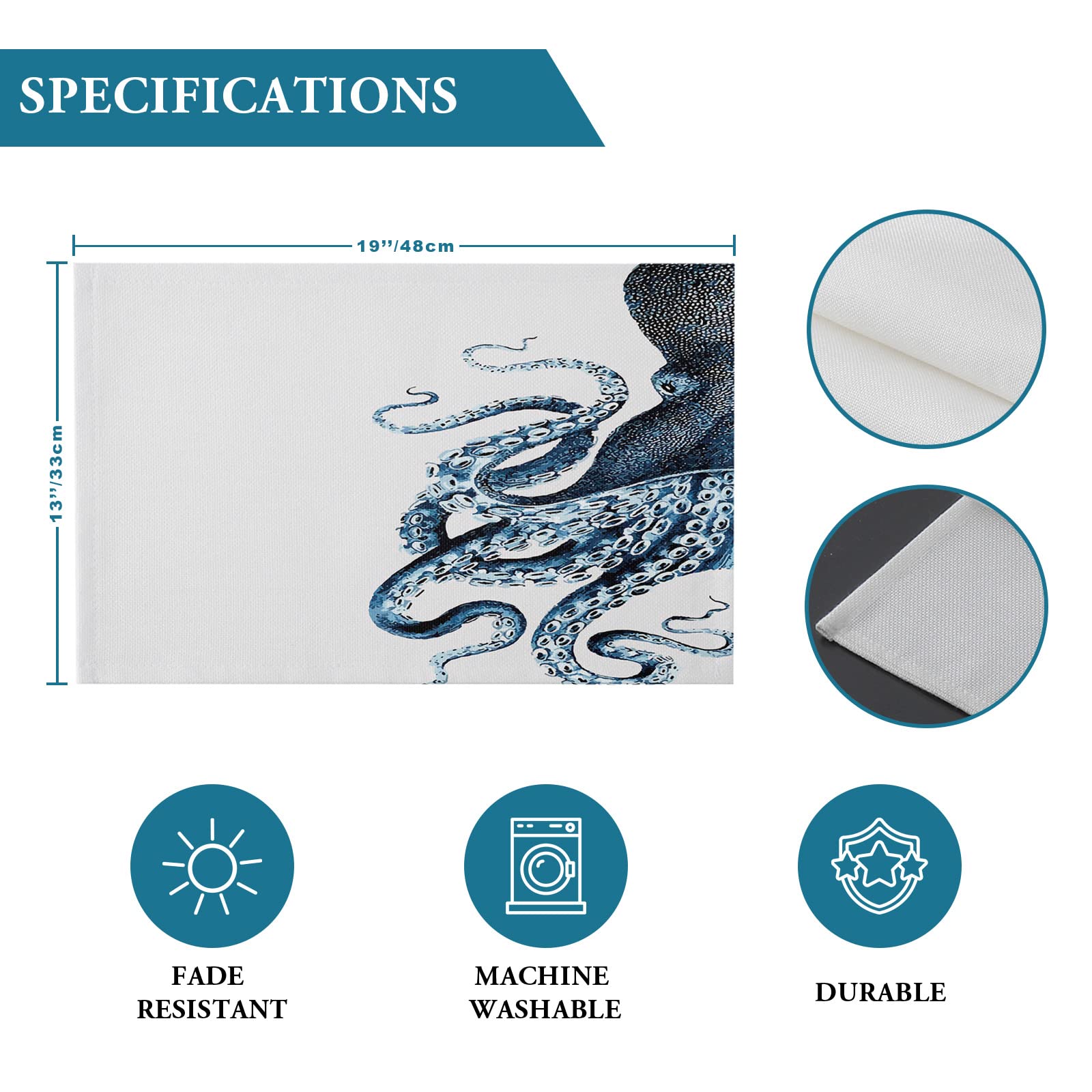 Octopus Placemats for Dining Table Set of 4, Nautical Sea Ocean Giant Octopus Tentacles Kraken Table Mats Stain Resistant Heat Insulation Non-Slip Washable Table Decoration for Kitchen, Blue