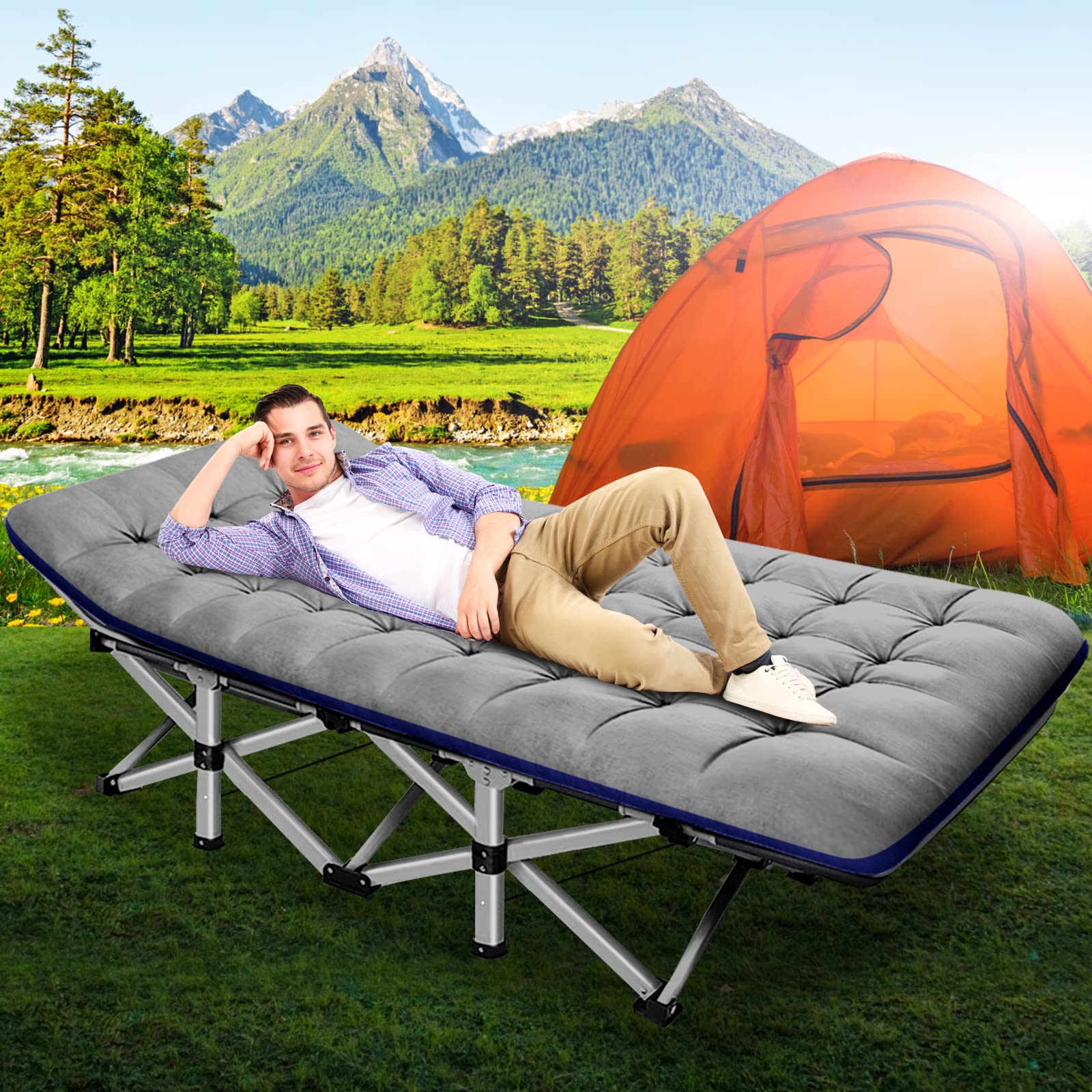 ABORON 2 Pack Folding Camping Cot W/Mat for Adults, Heavy Duty Outdoor Bed with Carry Bag,1200 D Layer Oxford Travel Camp Cots