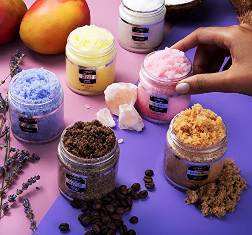 Body Scrub, Gifts for Women & Men, 6pc Exfoliating Body, Face, Hand, Foot Scrub, Himalayan Salt, Brown Sugar, Coconut, Arabica Coffee, Acne, Stretch Marks & Cellulite Remover, Essential Oils