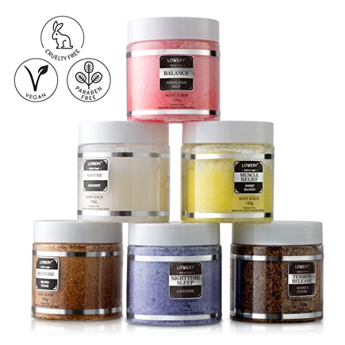 Body Scrub, Gifts for Women & Men, 6pc Exfoliating Body, Face, Hand, Foot Scrub, Himalayan Salt, Brown Sugar, Coconut, Arabica Coffee, Acne, Stretch Marks & Cellulite Remover, Essential Oils