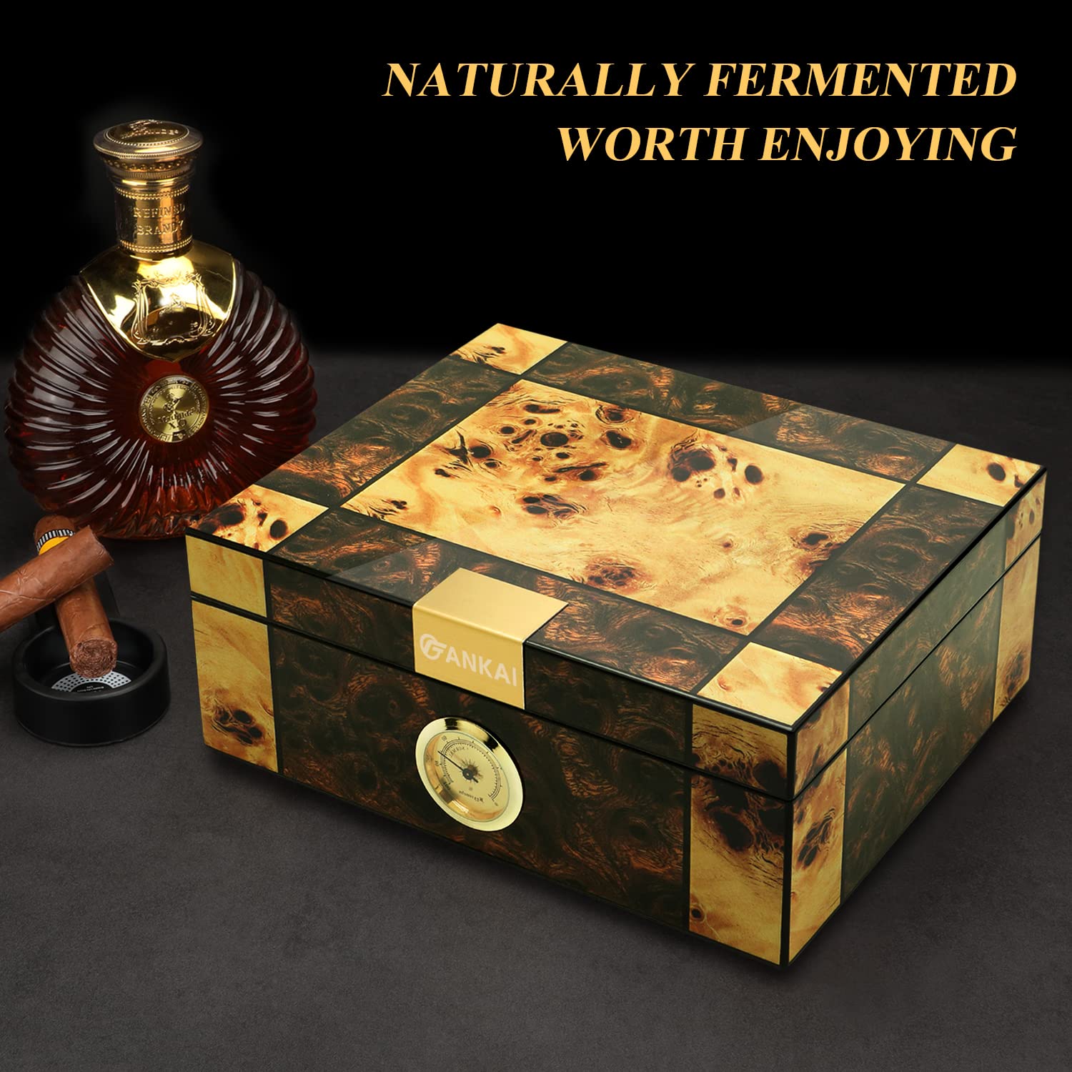 FANKAI Cigar Humidor, Cedar Wood Cigar Case Box with Humidifier Accessories, up to 60 Cigars, Gift for Men