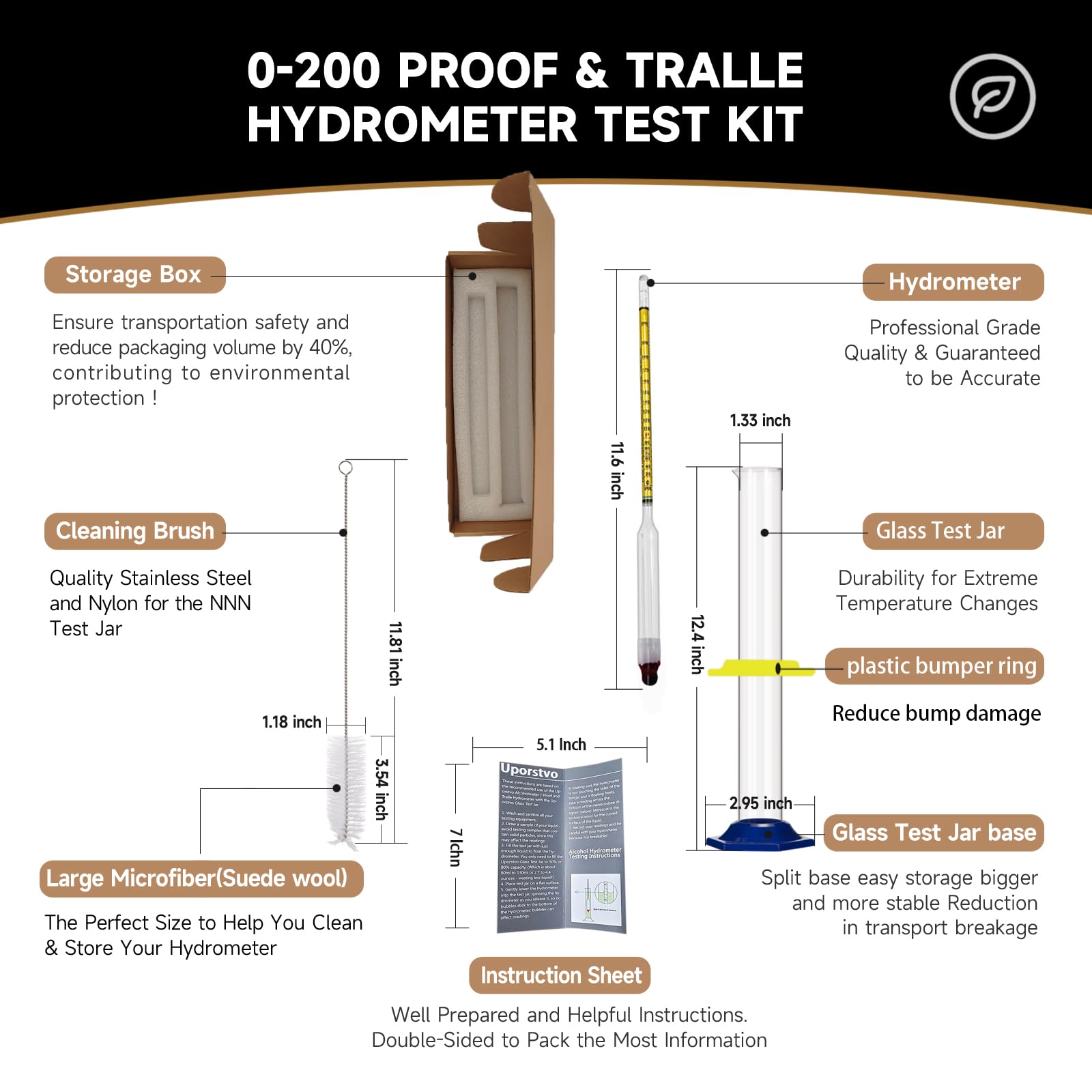 0-200 Proof & Tralle Alcohol Hydrometer Meter Test Kit,with Glass Test Jar,Accurate Tester & Glass Cylinder for Proofing Distilled Spirits & Moonshine Alcoholmeter Testing Set,Uporstvo
