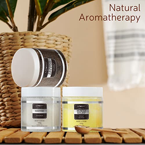 Body Scrub, Gifts for Women & Men, 6pc Exfoliating Body, Face, Hand, Foot Scrub, Himalayan Salt, Brown Sugar, Coconut, Arabica Coffee, Acne, Stretch Marks & Cellulite Remover, Essential Oils