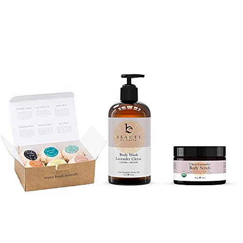 Bath Bombs Gift Set - 6 Large, Organic Shea Butter, Lavender Citrus Body Wash, All Natural, Sensitive Skin, for Men, Women & Kids - Organic Body Sugar Scrub - Lavender Citrus, Hydrating Exfoliating