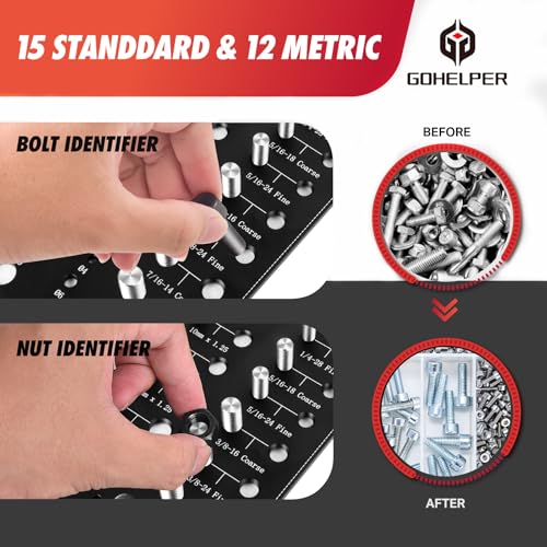 Gohelper Nut and Bolt Thread Checker, Used SUS304 Stainless Steel Thread, Bolt and Nut Identifier Gauge, Screw Bolt Size and Thread Gauge with 15 Standard & 12 Metric, 8 Drill Bit Gauge