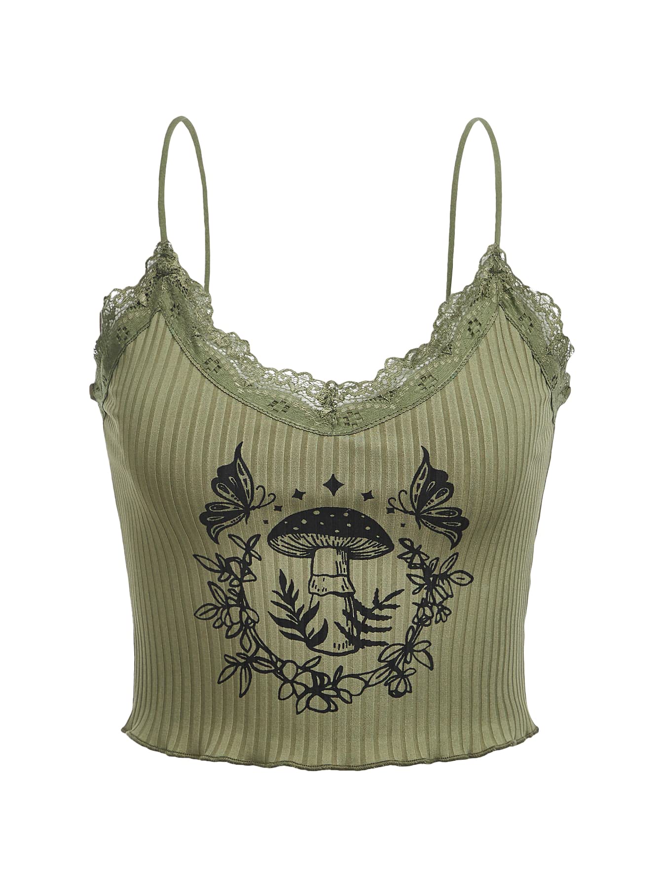 SOLY HUX Women's Y2k Gothic Lace Trim Cami Crop Top Sleeveless Sexy Tank Tops Camisole Clubwear Outfit Army Green M