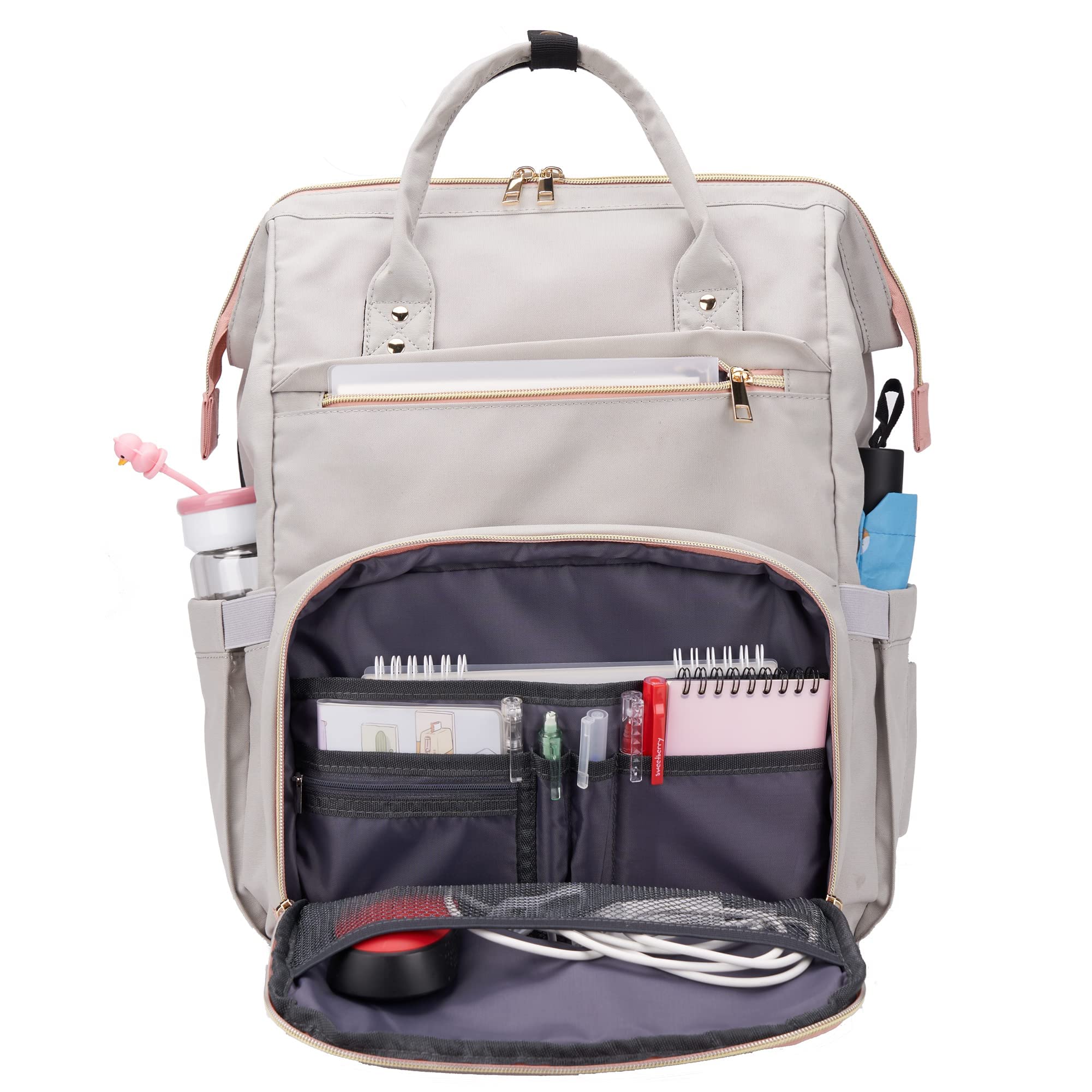 Erihop Teacher Backpack 17 Inch Laptop Bag for Women Fashion Backpack Purse, Work Backpack Tote Computer Bag with Charging Port,Travel Backpack, Grey&Pink