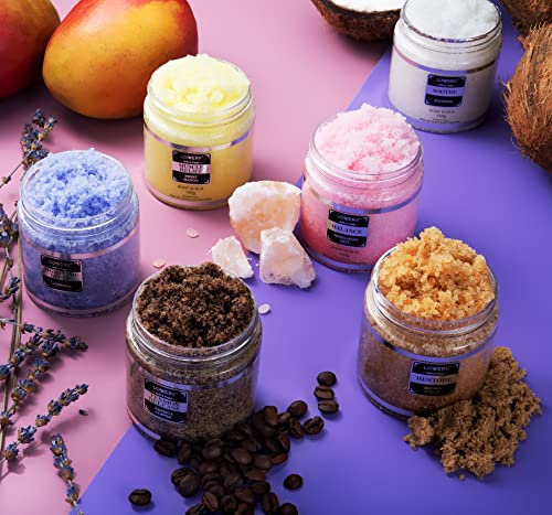 Body Scrub, Gifts for Women & Men, 6pc Exfoliating Body, Face, Hand, Foot Scrub, Himalayan Salt, Brown Sugar, Coconut, Arabica Coffee, Acne, Stretch Marks & Cellulite Remover, Essential Oils