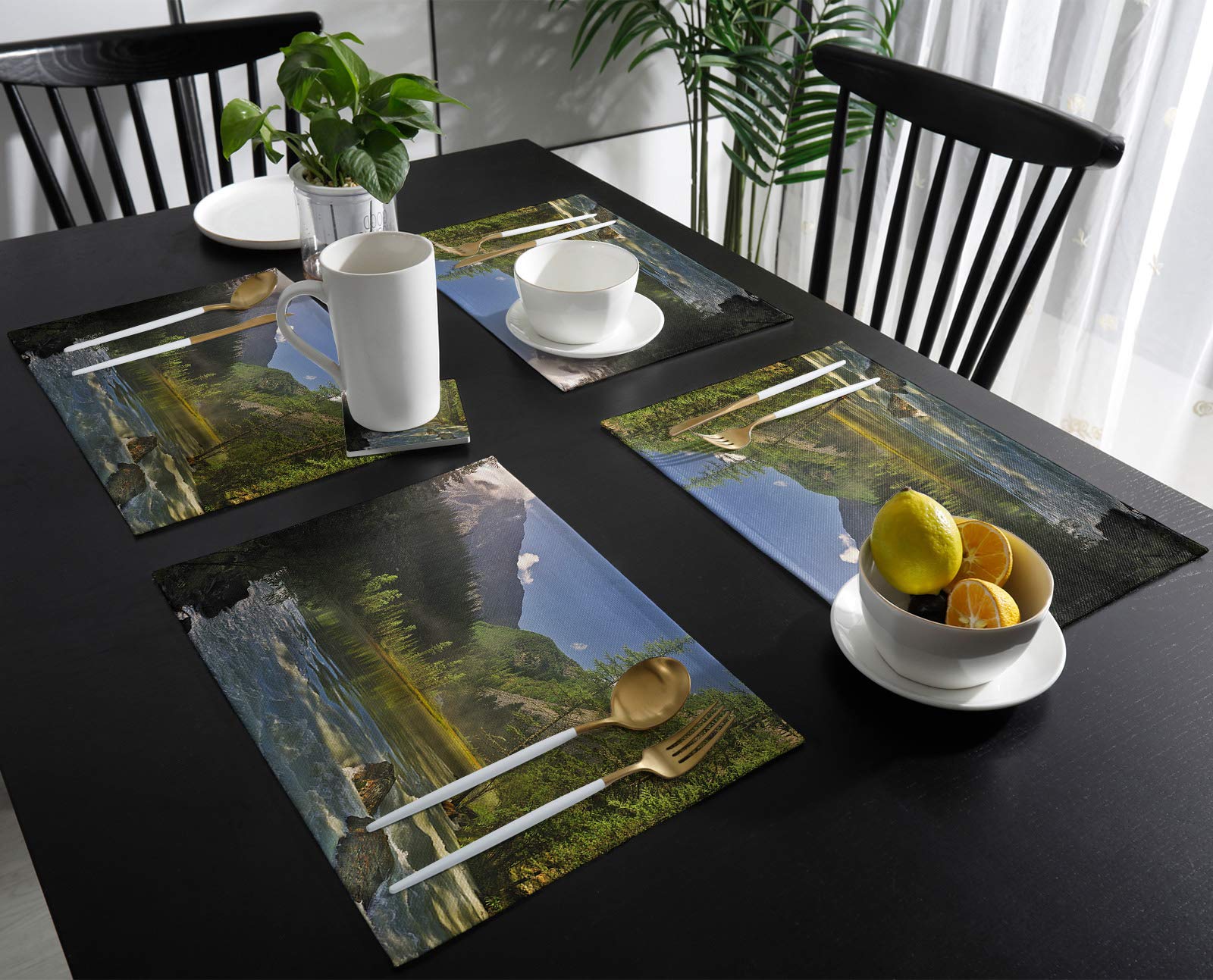 Placemats Set of 4, Flowing River and Pine Trees with Scenic Mountain Place Mats Dining Table Mat for Kitchen Washable Place Mats Heat-Insulation Non-Slip Plate Cup Mats for Table Decor, 13 x 19 Inch