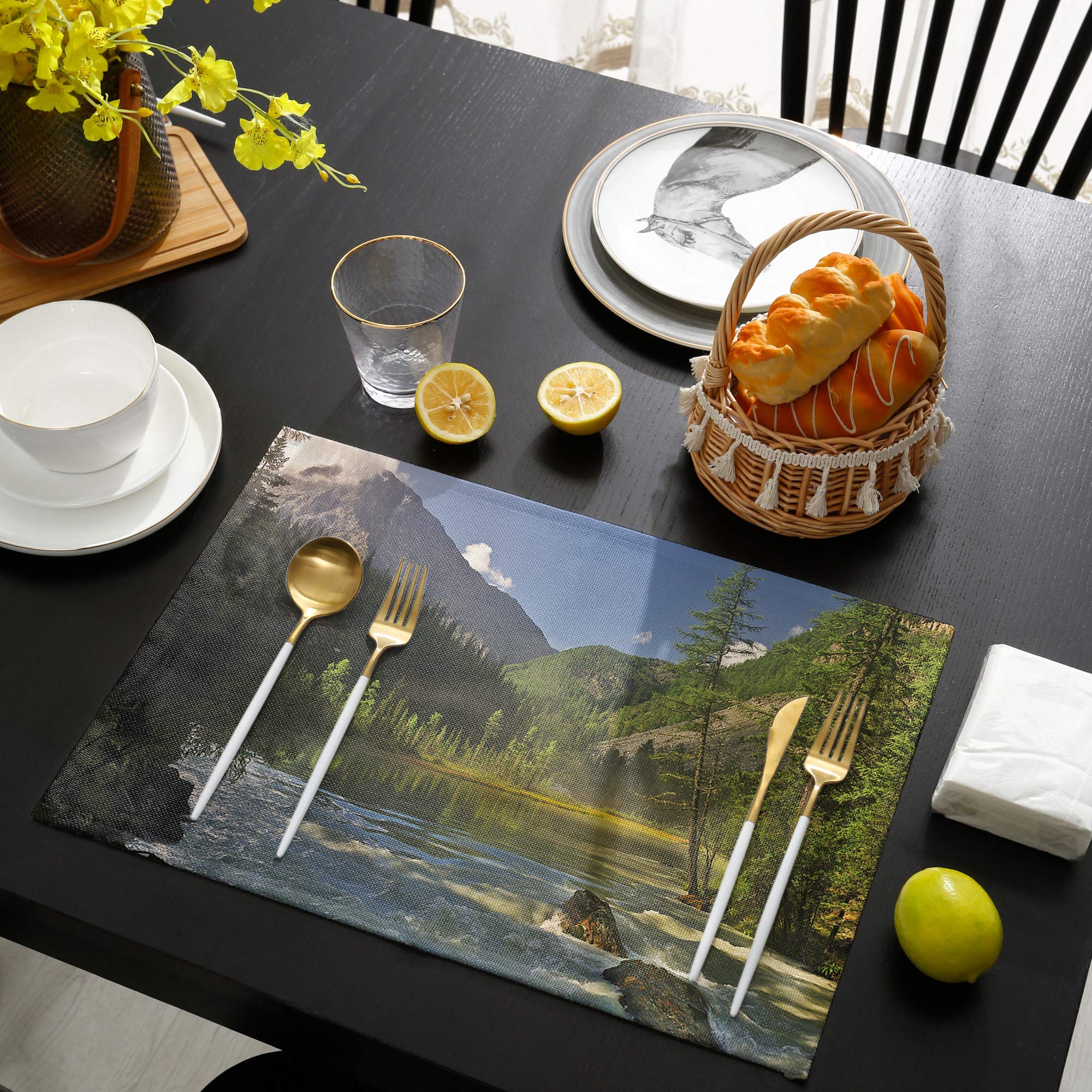 Placemats Set of 4, Flowing River and Pine Trees with Scenic Mountain Place Mats Dining Table Mat for Kitchen Washable Place Mats Heat-Insulation Non-Slip Plate Cup Mats for Table Decor, 13 x 19 Inch