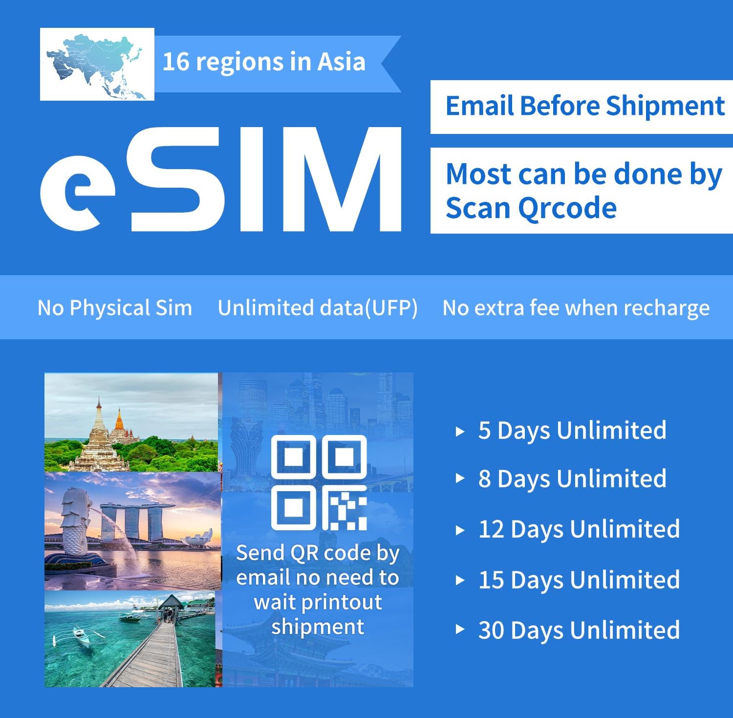 【UDBAC】 Asian eSIM Data Only SIM Card 8~30 Days Travel Internet Prepaid 4G-LTE High -Speed Traffic 2GB/Day Unlimited Low Speed(Online Delivery) (8 Days Unlimited)