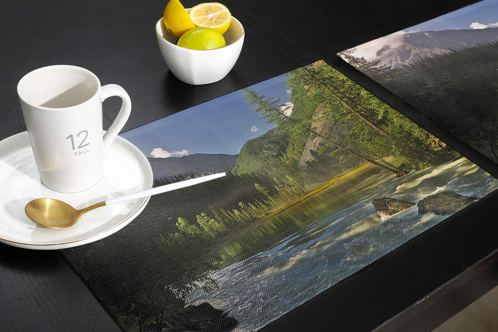 Placemats Set of 4, Flowing River and Pine Trees with Scenic Mountain Place Mats Dining Table Mat for Kitchen Washable Place Mats Heat-Insulation Non-Slip Plate Cup Mats for Table Decor, 13 x 19 Inch