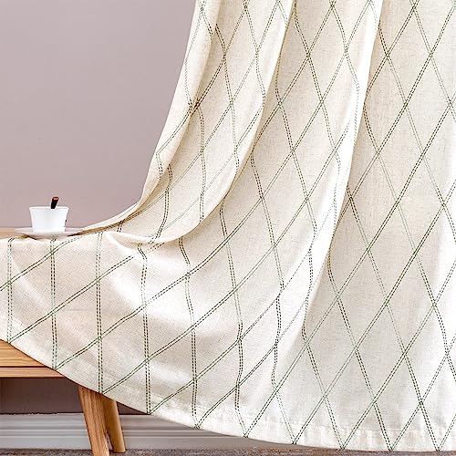 jinchan Linen Curtains for Living Room Green Diamond Embroidered Curtains Geometric Patterned Window Drapes Flax Window Treatment Set for Bedroom Grommet Curtains 84 Inches Long 2 Panels