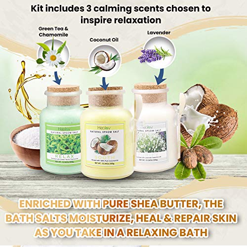 Bath Salt Gift Set, Natural Epsom Salts Scented with Essential Oils - Spa Kit with 3 Individual Pouches, Wooden Scoop, Gift Box β Detox Skin, Hydrate, Heal & Relax with Aromatherapy