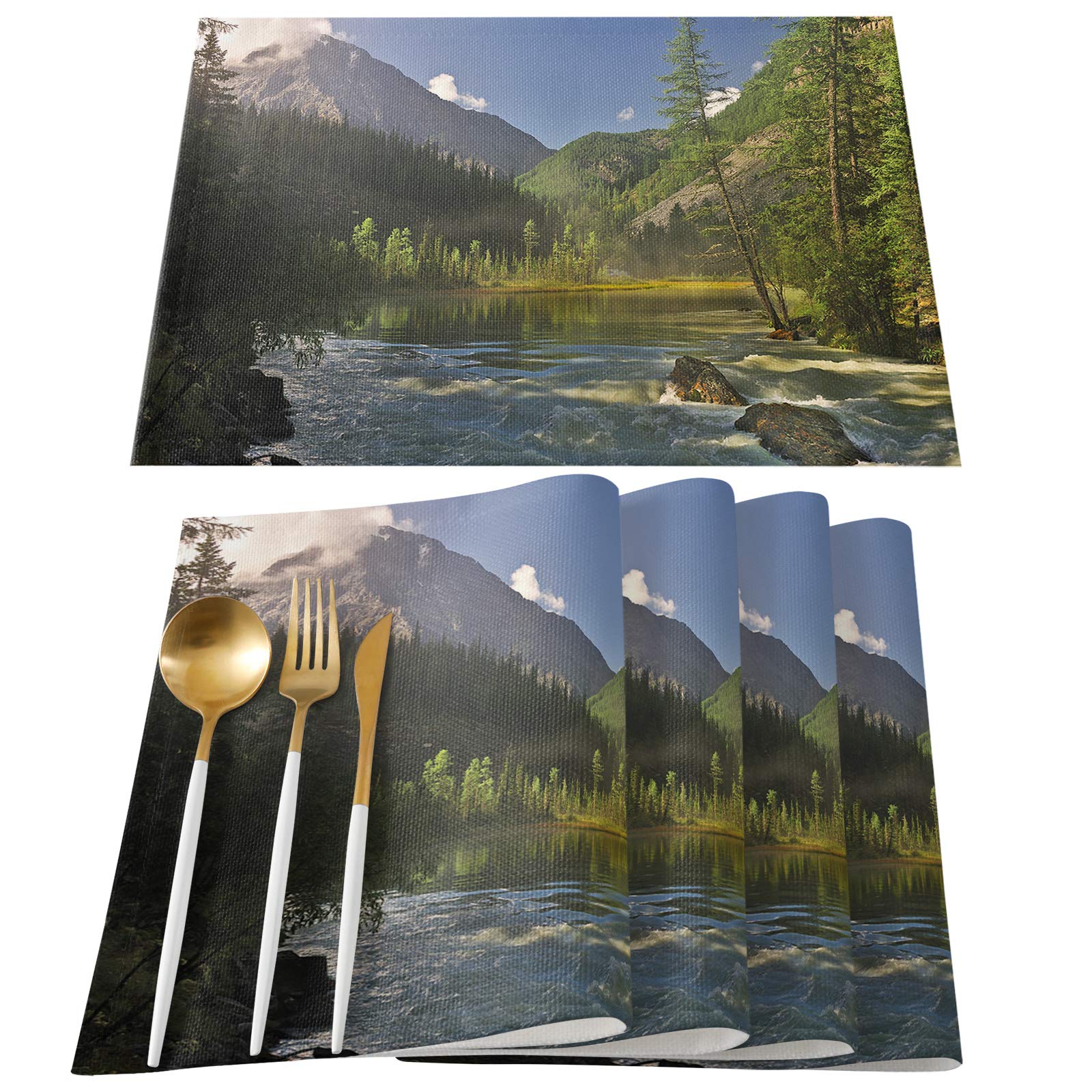 Placemats Set of 4, Flowing River and Pine Trees with Scenic Mountain Place Mats Dining Table Mat for Kitchen Washable Place Mats Heat-Insulation Non-Slip Plate Cup Mats for Table Decor, 13 x 19 Inch