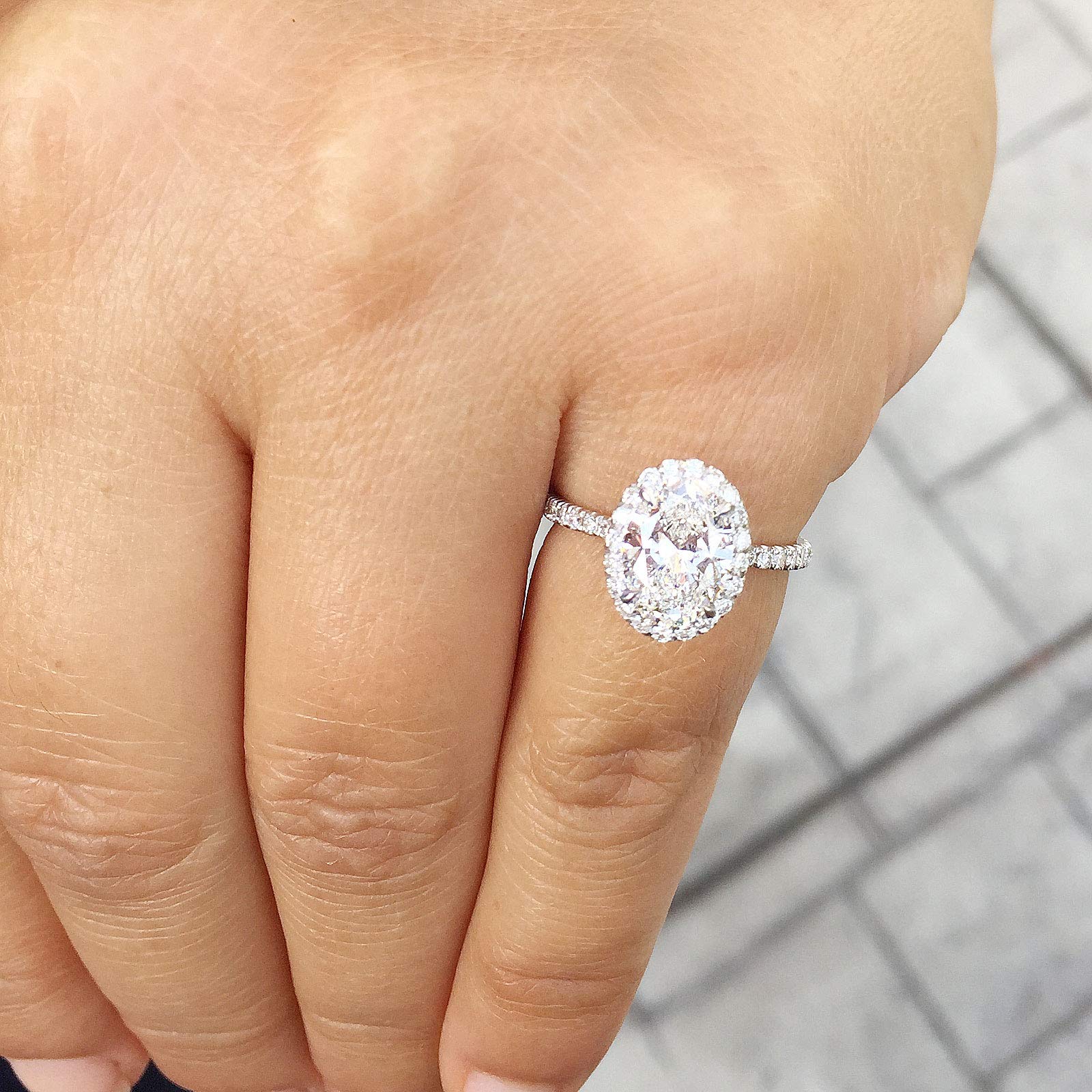 14k Solid White Gold Oval and Round Cut Simulated Diamond Engagement Ring Halo Art Deco Bridal Set Half Eternity Wedding Anniversary 2.50ct