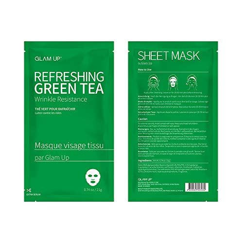 GLAM UP Sheet mask Refreshing Green Tea (10 sheets) - Revitalize Dull Skin. Dark Circle Fighter Nature made Freshly packed Daily Skin Therapy Original K-Beauty Recipe x 10ea