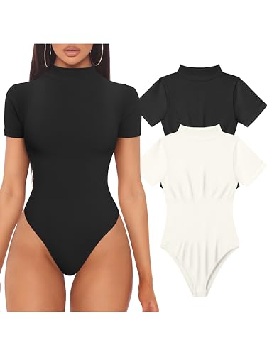 TOB Women's 2 Piece Bodysuits Sexy Ribbed High Neck Short Sleeve Tops Bodysuits Black Beige