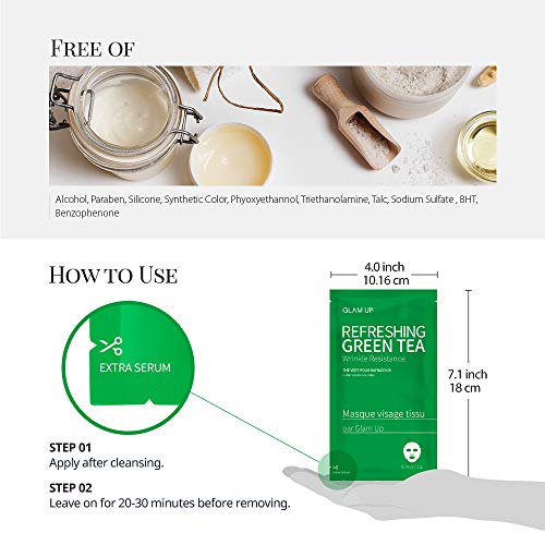 GLAM UP Sheet mask Refreshing Green Tea (10 sheets) - Revitalize Dull Skin. Dark Circle Fighter Nature made Freshly packed Daily Skin Therapy Original K-Beauty Recipe x 10ea
