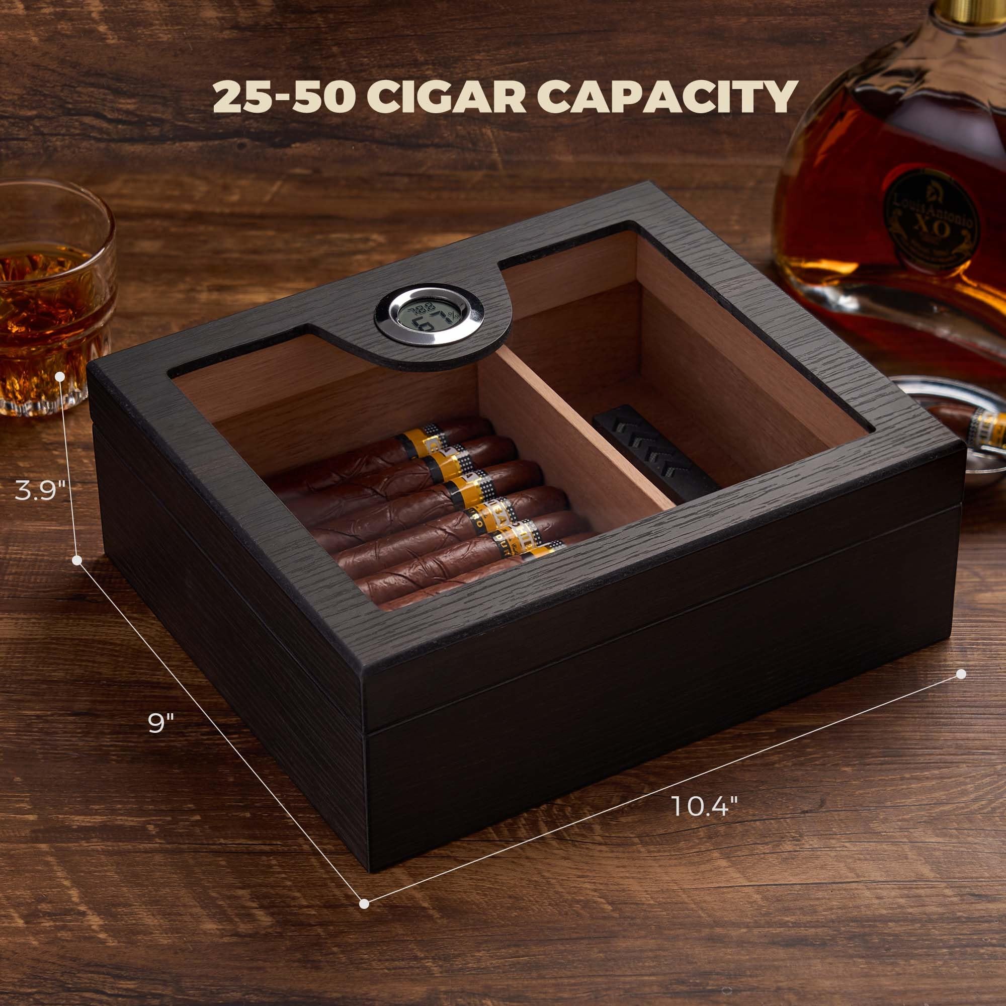 Humidor Cigar Box for 25-50 Cigars with Lighter, Cutter and Ashtray, Digital Hygrometer and Humidifier, Spanish Cedar Lining and Divider, Cigar Accessories Gifts for Men