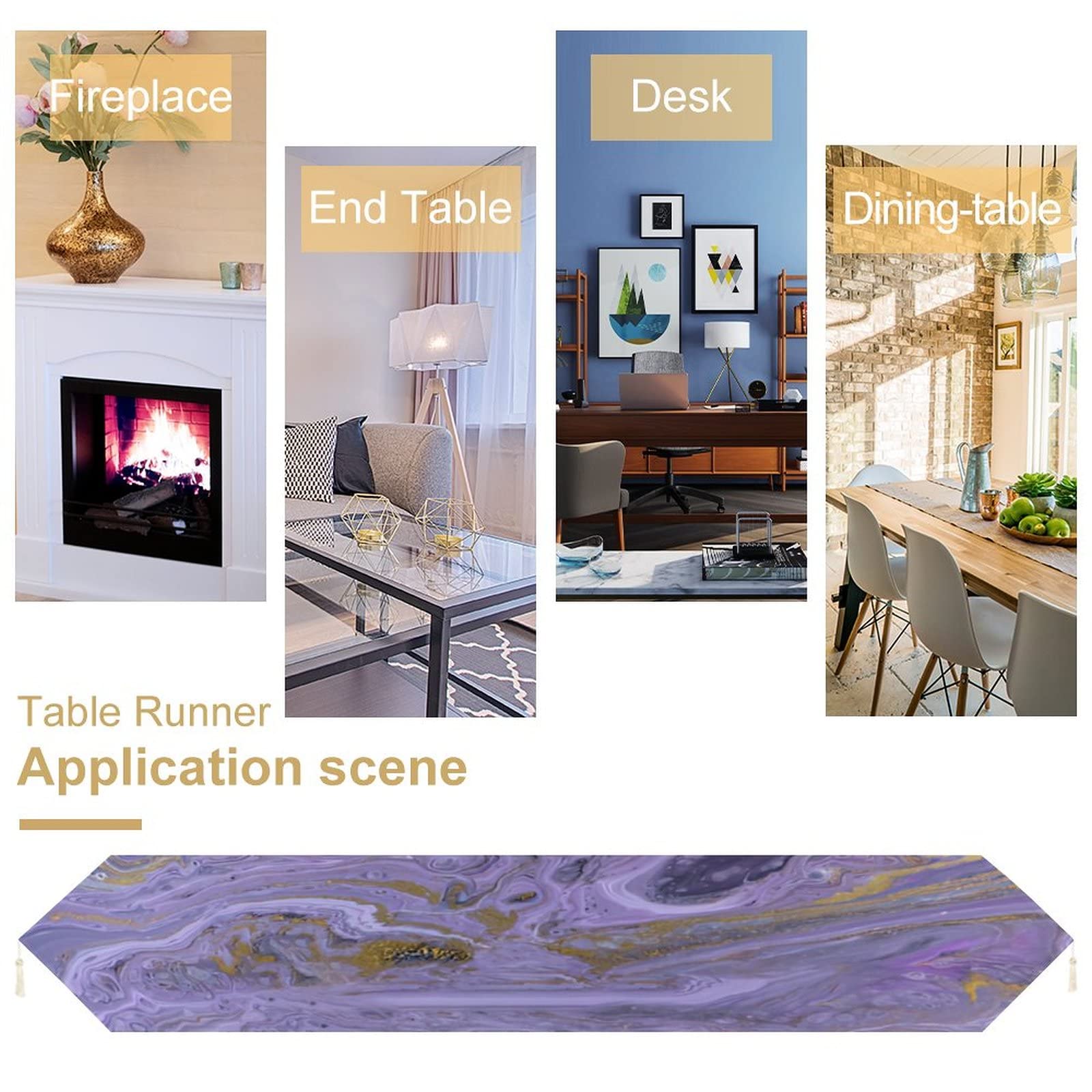 Golden Purple Flowing Marble Table Runner Spring Summer Table Runners Dresser Scarf for Home Party Holiday Kitchen Dining Table Decor 70x13 INCH
