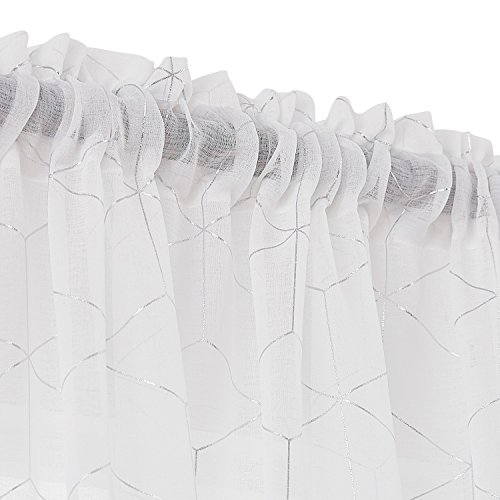 Deconovo Volie White Sheer Curtains Linen Look Diamond Window Panels Set of 2 for Bedroom, 52 x 63 Inch, Silver