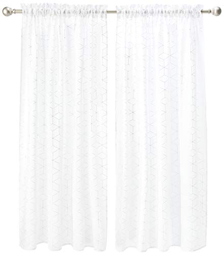 Deconovo Volie White Sheer Curtains Linen Look Diamond Window Panels Set of 2 for Bedroom, 52 x 63 Inch, Silver