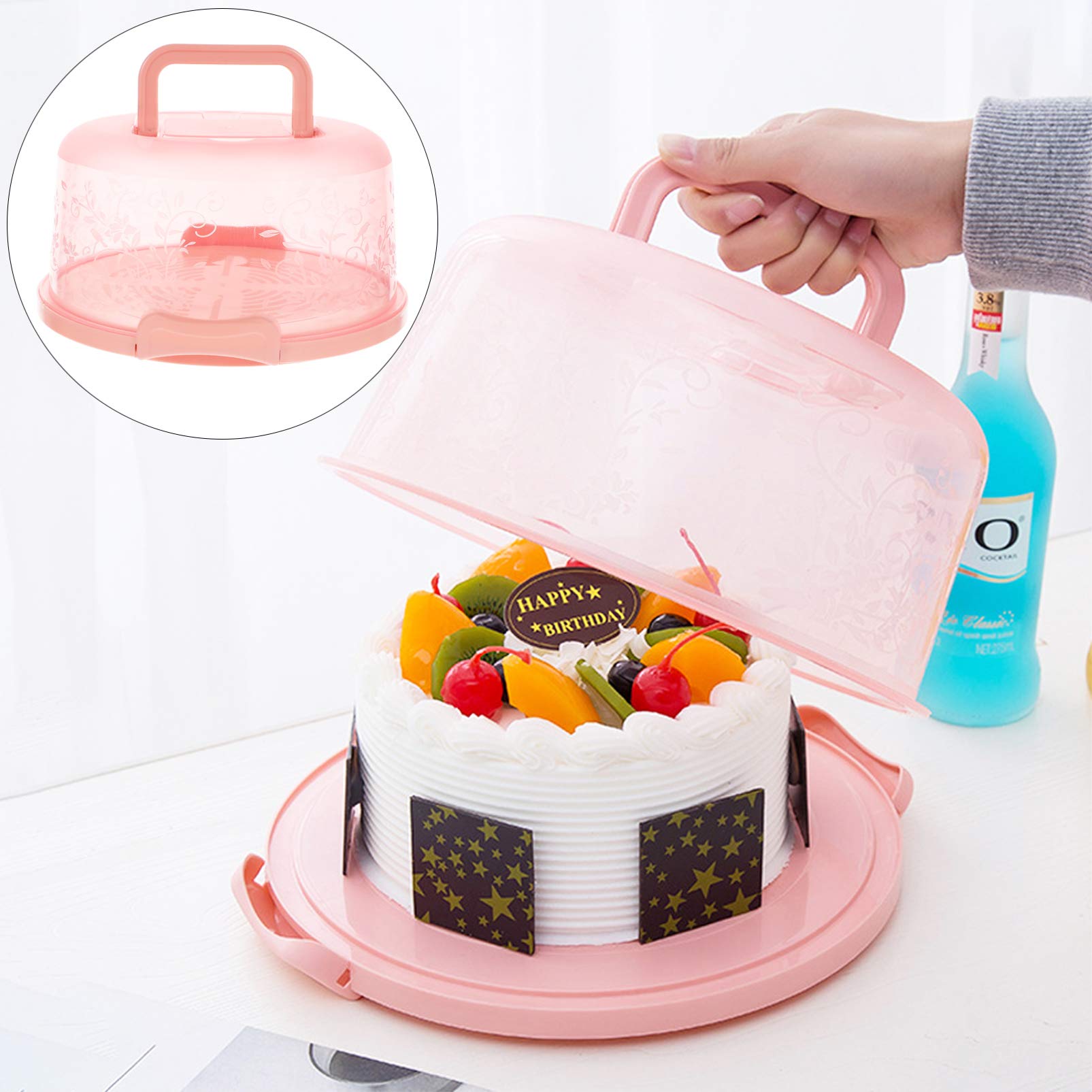 PAREKS Portable Round Cake with Handle Pie Saver Cupcake Container Carriers with Dome Lids Pink/1191