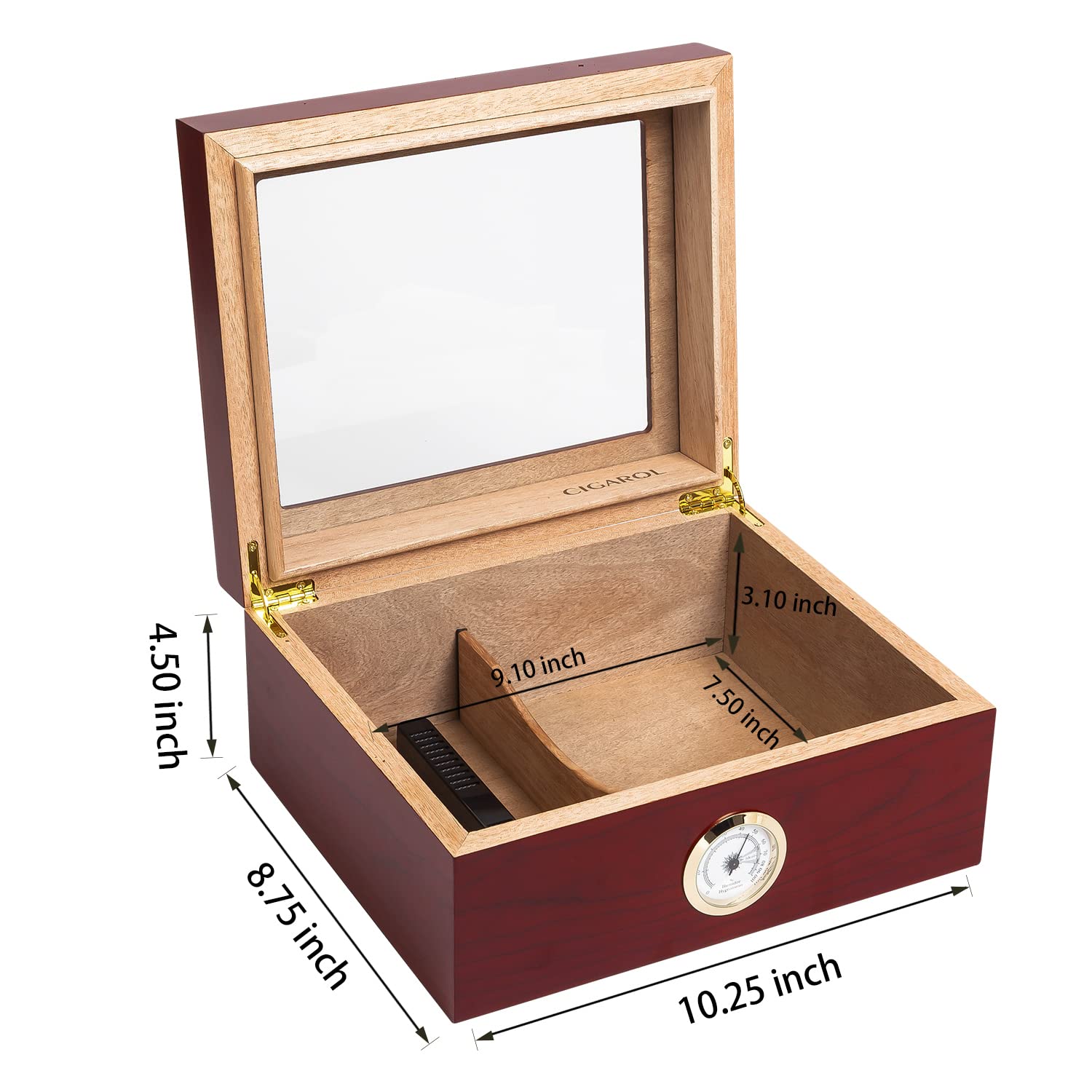 Somduy Cigar Humidor for 30-50 Cigars with Humidifier and Hygrometer,Desktop Cedar Wood Cigar Box Storage Case with Divider, Glass Top, Gift for Men,Reddish Brown