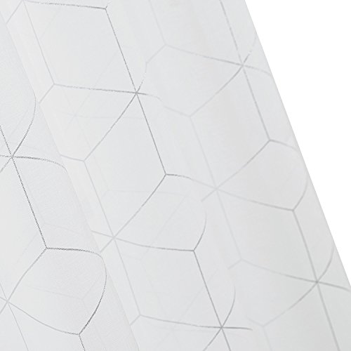 Deconovo Volie White Sheer Curtains Linen Look Diamond Window Panels Set of 2 for Bedroom, 52 x 63 Inch, Silver