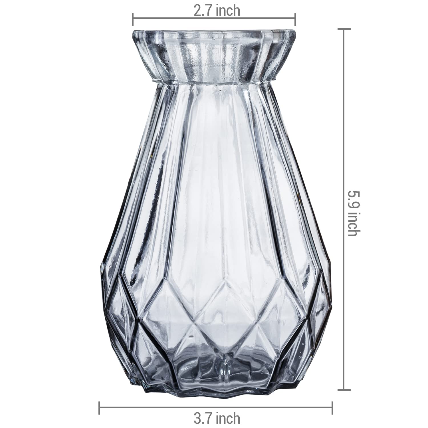 MyGift Small Clear Gray Glass Decorative Vase, 6 Inch Diamond-Faceted Flower Bud Vase, Set of 2