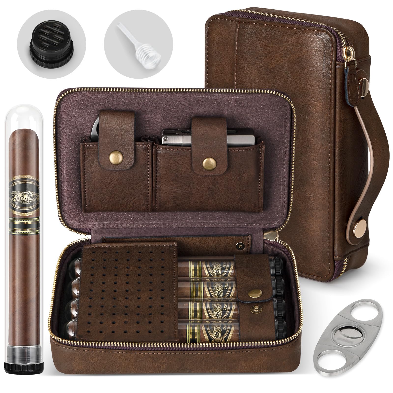 SEMKONT Travel Cigar Humidor Portable Travel Cigar Case with 4 Cigar Tube, Leather Travel Cigar Humidor Include Cigar Cutter, Men's Cigar Accessories Gift Set (Brown)