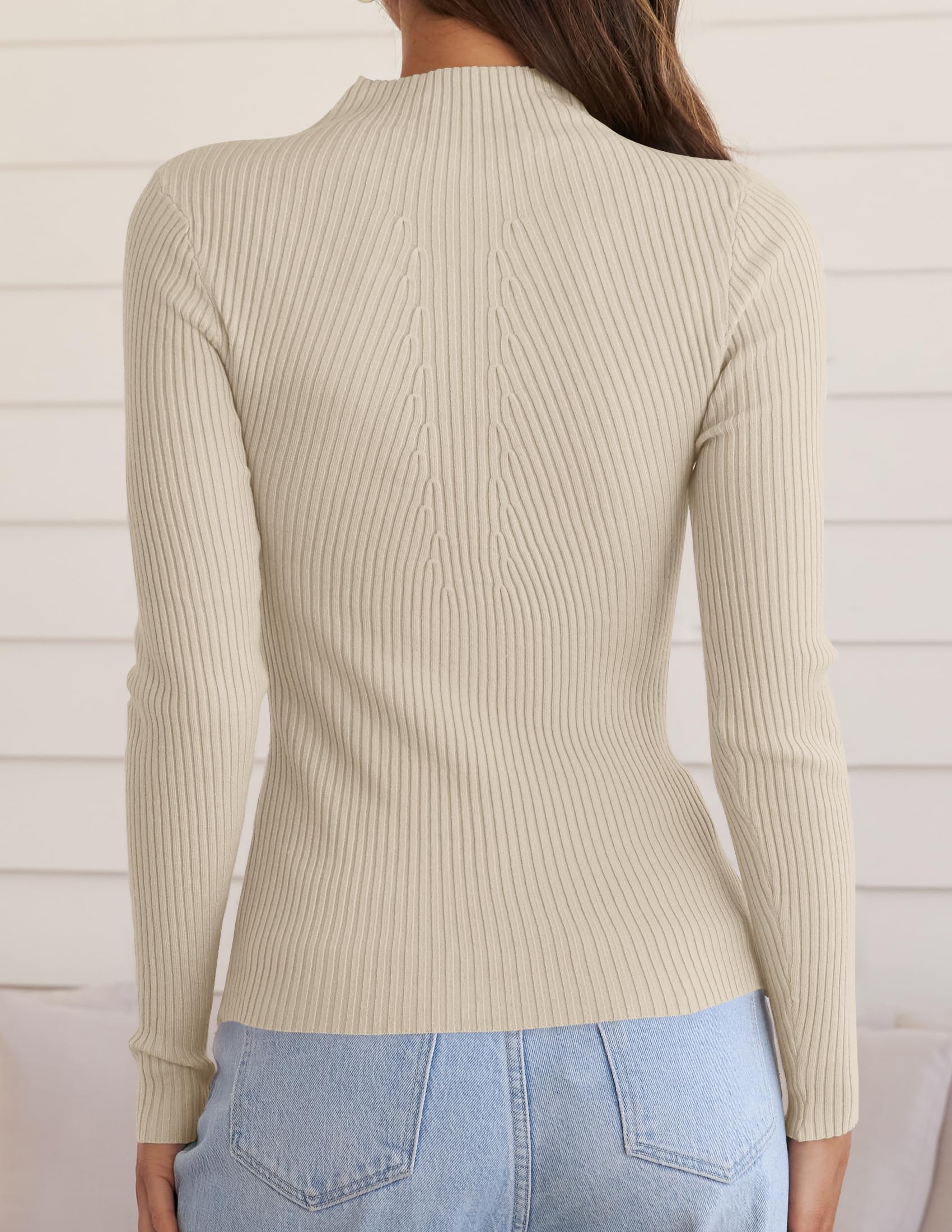 ZESICA Women's Fall Long Sleeve Turtleneck T Shirt Ribbed Knit Sweater Slim Fit Basic Casual Tee Tops,Almond,Medium