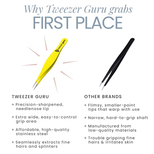 Tweezer Guru Pointed Tweezers - Sharp Precision Needle Nose Tip, Best Tweezers for Eyebrows and Ingrown Hair, Surgical Pointed for Blackheads & Splinters (Yellow)