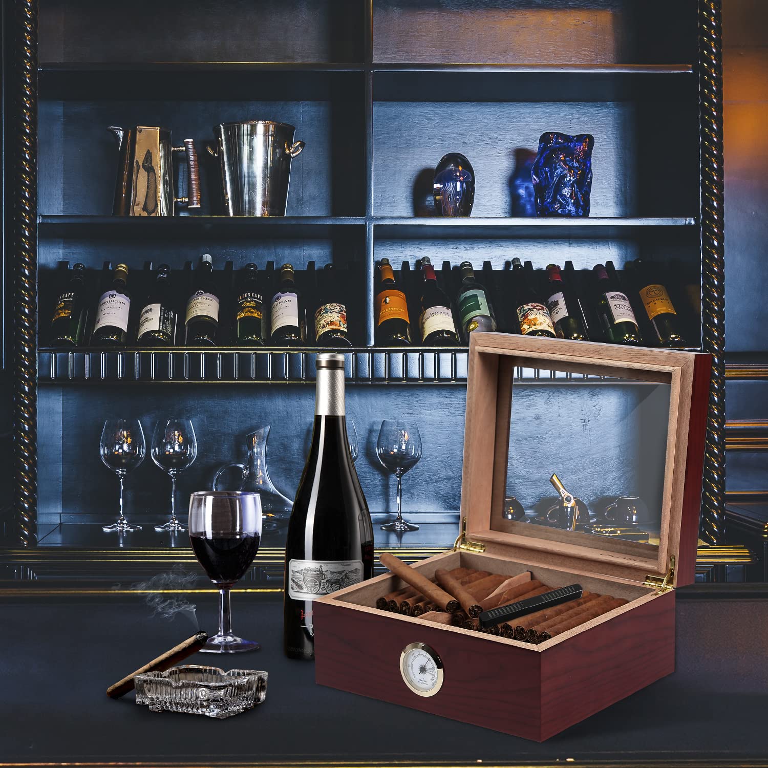 Somduy Cigar Humidor for 30-50 Cigars with Humidifier and Hygrometer,Desktop Cedar Wood Cigar Box Storage Case with Divider, Glass Top, Gift for Men,Reddish Brown