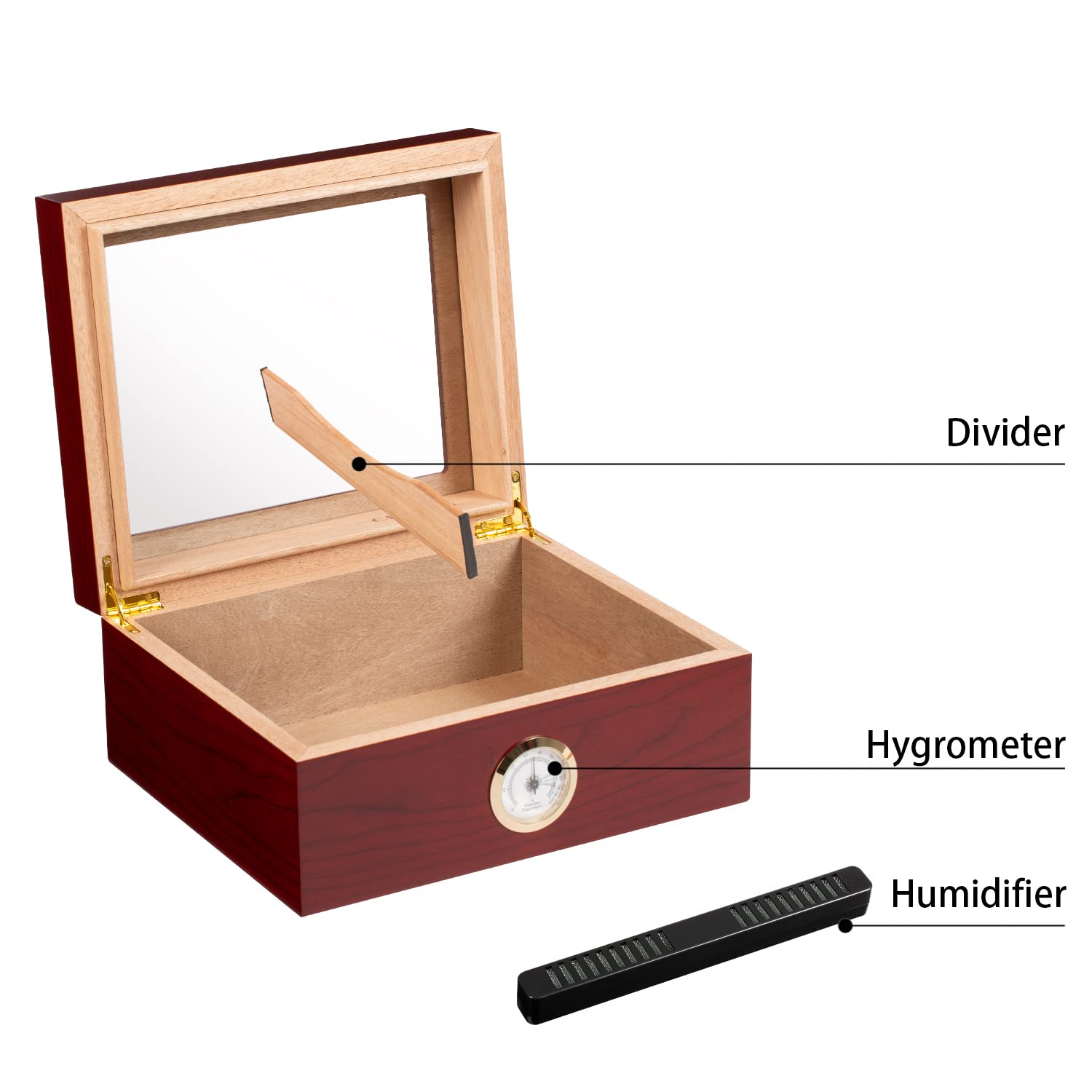 Somduy Cigar Humidor for 30-50 Cigars with Humidifier and Hygrometer,Desktop Cedar Wood Cigar Box Storage Case with Divider, Glass Top, Gift for Men,Reddish Brown