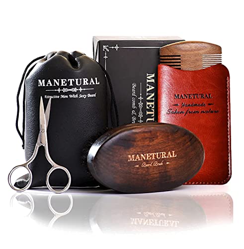 MANETURAL Beard Comb & Beard Brush Set for Men Dual Action Natural Wooden Beard Comb and Natural Boar Bristle Brush Great for Grooming Beard & Mustaches Scissors Gifts for Men Him
