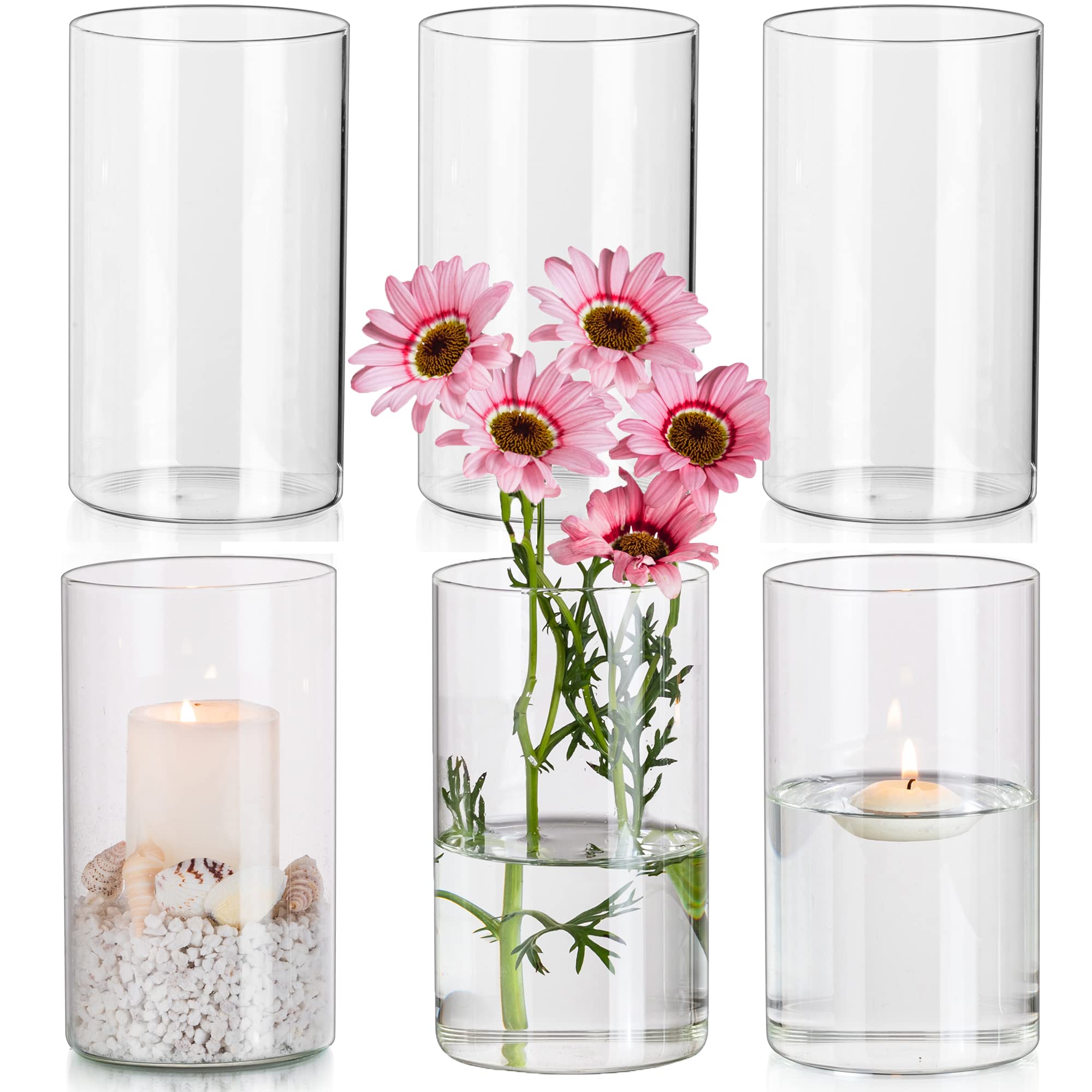 Hewory Glass Cylinder Vases Set of 6, Hurricane Candle Holders for Pillar or Floating Candles, Tall Clear Vase for Centerpieces, Round Vases for Wedding Anniversary Events Home Table Decor, 5.9in