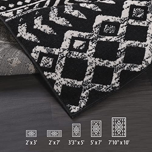 CAMILSON Boho Moroccan Area Rug, 2x3 Geometric Diamond Design for Entryway Mats, Living Area Entryways Rugs, Black/White Bohemian Indoor Carpet