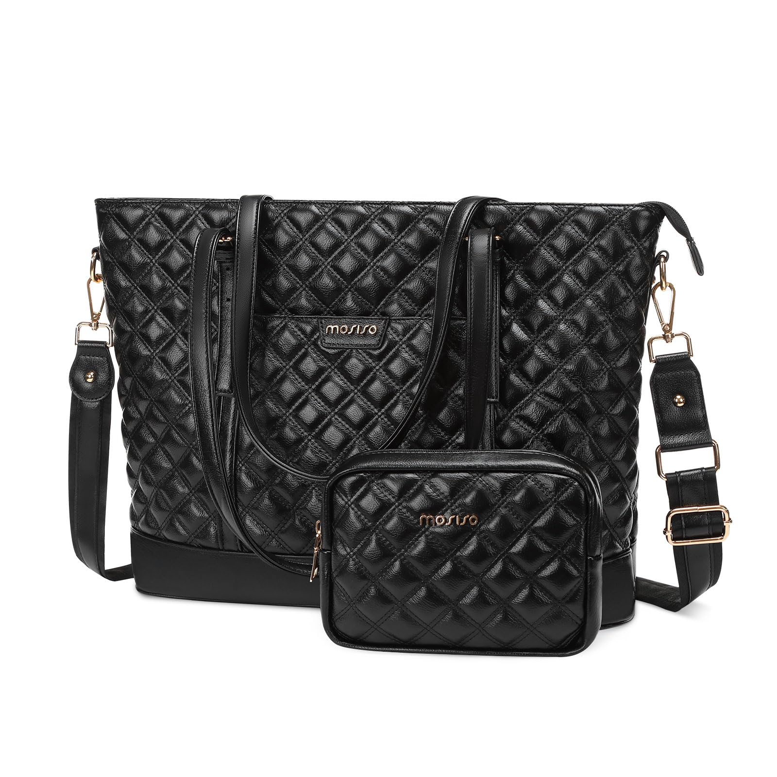 MOSISO Laptop Tote Bag for Women, 15.6 inch Briefcase Computer Bag Compatible with MacBook, HP, Dell, Asus Notebook, 16 inch Large Capacity Rhombus Quilted Leather Laptop Bag with Small Purse, Black